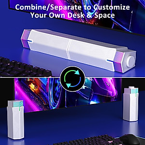 Jeecoo M20 Bluetooth Computer Speakers for PC Desktop Monitor, Gaming PC Sound Bar - Wired USB-Powered, Superb Stereo Sound, with LED Lighting, White