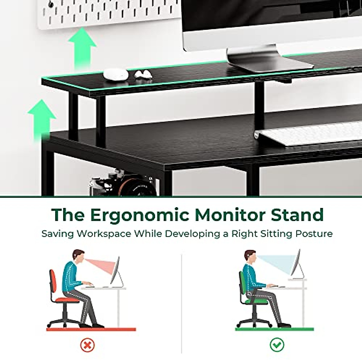 Huuger L Shaped Desk with Power Outlets & LED Lights, Reversible Computer Desk with Storage Shelves & File Cabinet, Corner Desk Home Office Desk, Black