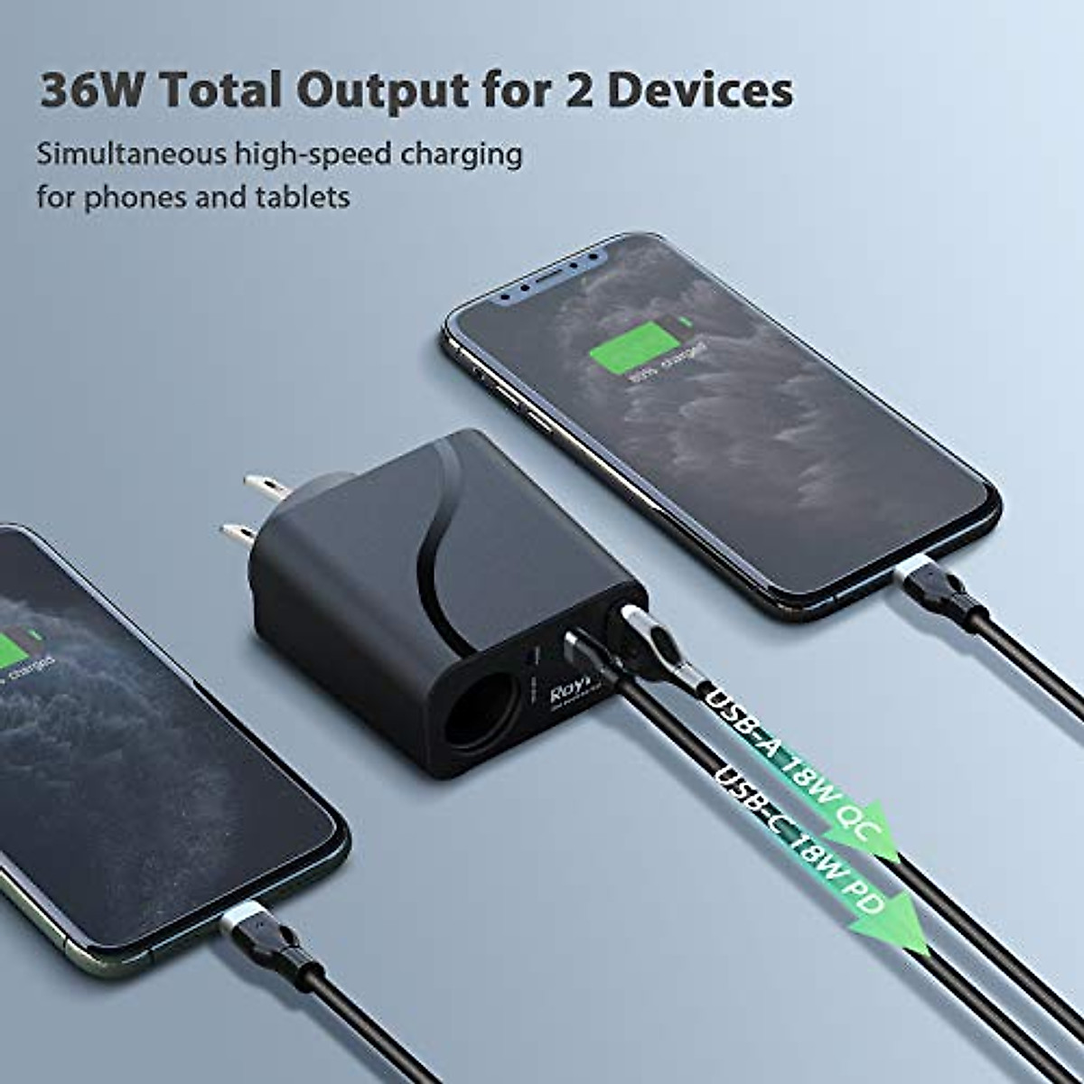 RoyPow 36W USB C Charger with Car Cigarette Lighter Socket, 3-Ports Wall Charger 18W PD3.0 Travel Plug 110V/120V to 12V/3A AC to DC Converter Power Adapter for iPhone, Galaxy, Pixel, iPad