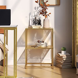 Yusong Narrow End Table, Small Gold Side Table for Small Spaces, Standing Metal Shelf, Night Stand Bedside Table for Bedroom, Sofa Couch Tables for Living Room, Gold