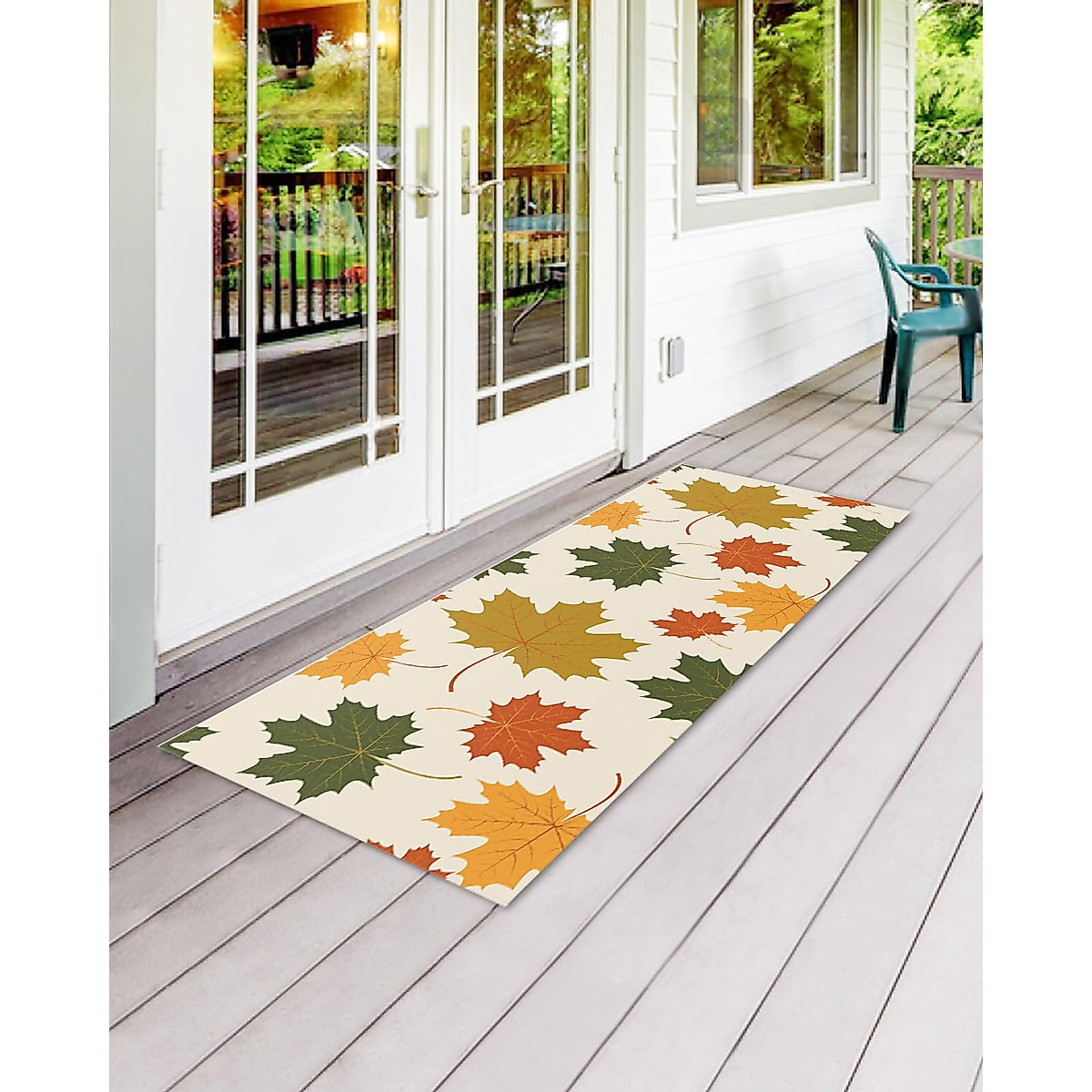 KITHOME Front Door Mat Autumn Maple and Fallen Leaves Tile Pattern Indoor Outdoor Entrance Doormat Washable Floor Mats for Front Door Bathroom Kitchen Runner Rugs 16x47 Inch