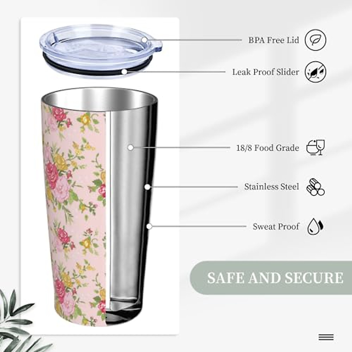 Yaxongx 20oz Tumbler Rose Flower Double Wall Vacuum Insulated Coffee Mug with Lid and Metal Straw Brush Reusable Stainless Steel Water Bottle Travel Cup Gifts for Car Ice Drinks Hot Beverage