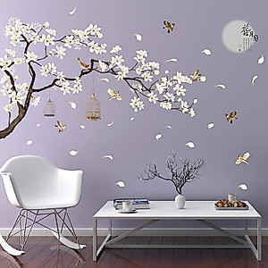 Bienstylife Peach Flower Wall Decals Tree Wall Stickers Peel and Stick Flower Wall Stickers Floral Murals for Living Room TV Background Kids Girls Room Bedroom 4 Sheets of 11.8"x35.4"