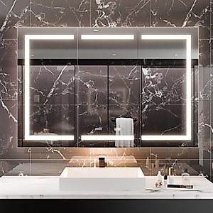 54" W x 36" H Lighted Medicine Cabinet with Mirror, Front & Backlit led Medicine Cabinet, Recessed or Surface Wall-Mounted, Clock Temp Display, Defog,10x Magnifier, 3 Colors Temper, Door Wide Open