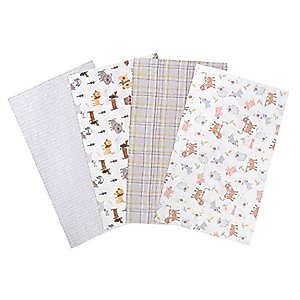 Farm Friends 4 Pack Flannel Burp Cloth Set - Herringbone, Dogs, Plaid and Farm Animal prints, Gray, Yellow, Taupe, and Brown, 100% Cotton Flannel, 11.5 in x 20 in Each