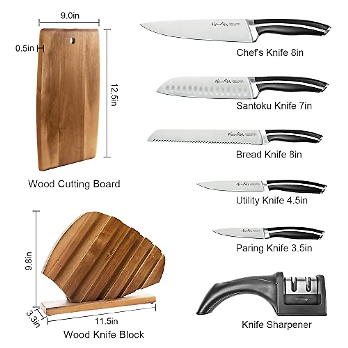 Harriet Knife Set - 7 Pieces Kitchen Knife Set with Cutting Board & Sharpener, High-Carbon Stainless Steel Knife Block Set, Chef Knife Set with Acacia Wood Knife Block