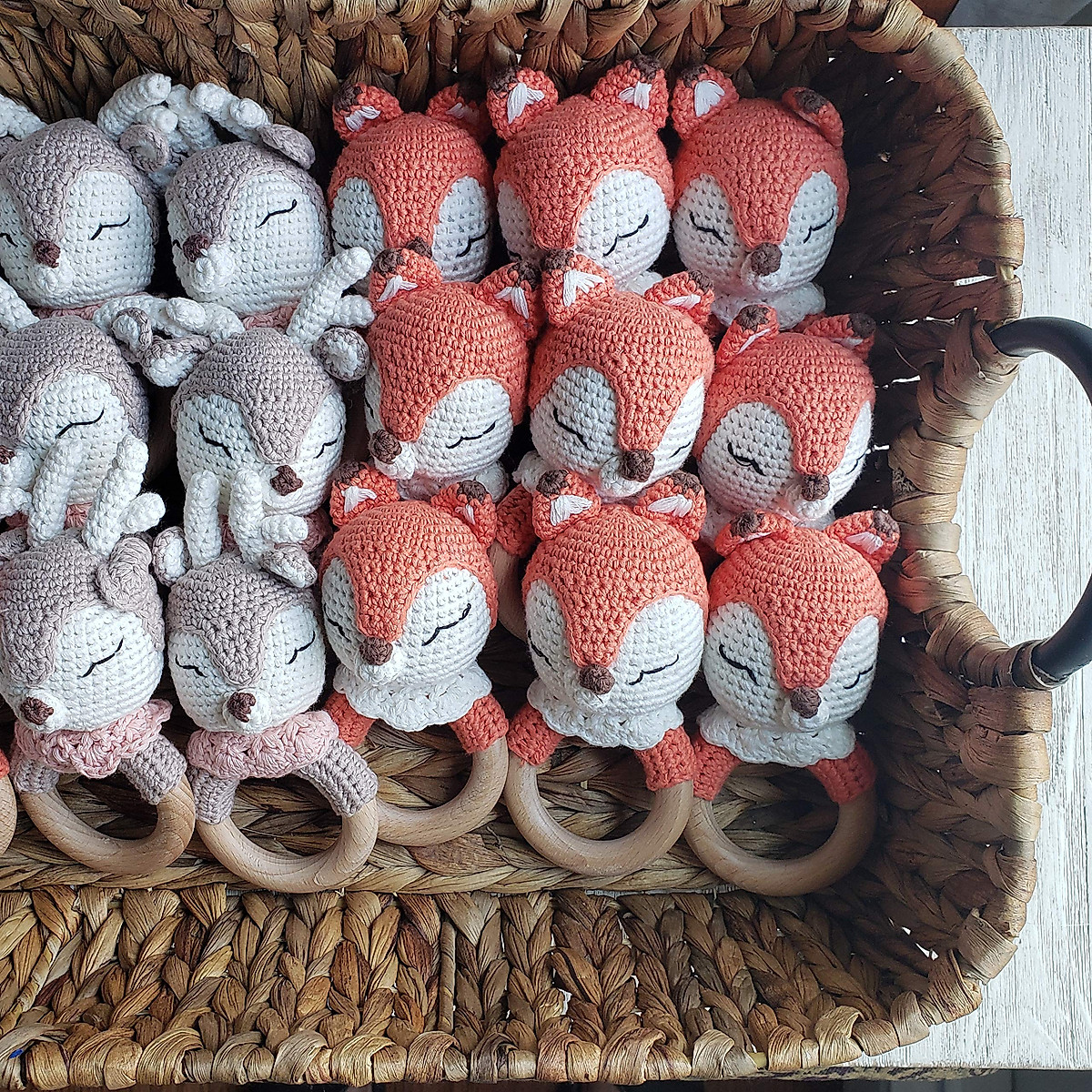 Natural Crochet Teether Toy Rattle for Baby Forest Friends Amigurumi Crochet Bunny Deer Fox on Natural Wooden Teething Ring Rattle (Honey Deer)
