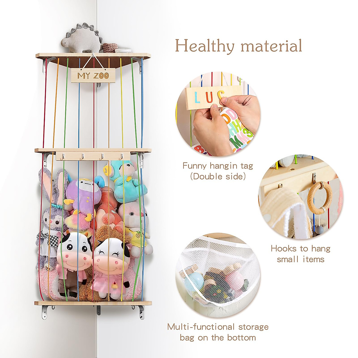 Stuffed Animal Storage Wood Soft Toy Shelf with Hooks and Mesh Organizer 3-in-1 Splice and Length Adjustable Hanging Stuffed Animal Zoo Toy Organizer Shelf for Nursery Play Room Bedroom Kid Room