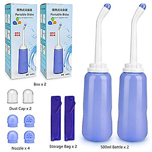 2 Pack Portable Bidet Sprayer Peri Bottle, Number-one Travel Bidet Bottle 500ml 17oz Personal Hygiene Care Toilet Bidet Shower with 2 Nozzles, Dust Cap and Storage Bag for PostPartum Care and Recovery