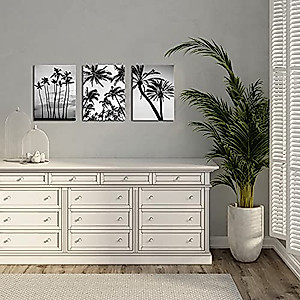 ArtKissMore Tropical Palm Tree Wall Decor - Black and White Hawaii Beach Canvas Wall Art Pictures Framed for Home Bathroom Bedroom Living Room Wall Decor Framed 12"x16"x3pcs