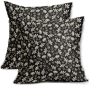 Vintage Flower Pillow Covers 18x18 Set of 2 Rustic Cute Small Floral Black Brown Old Style Decorative Throw Pillows Outdoor PillowCase Farmhouse Linen Cushion Case Decor for Home Sofa Couch Bed
