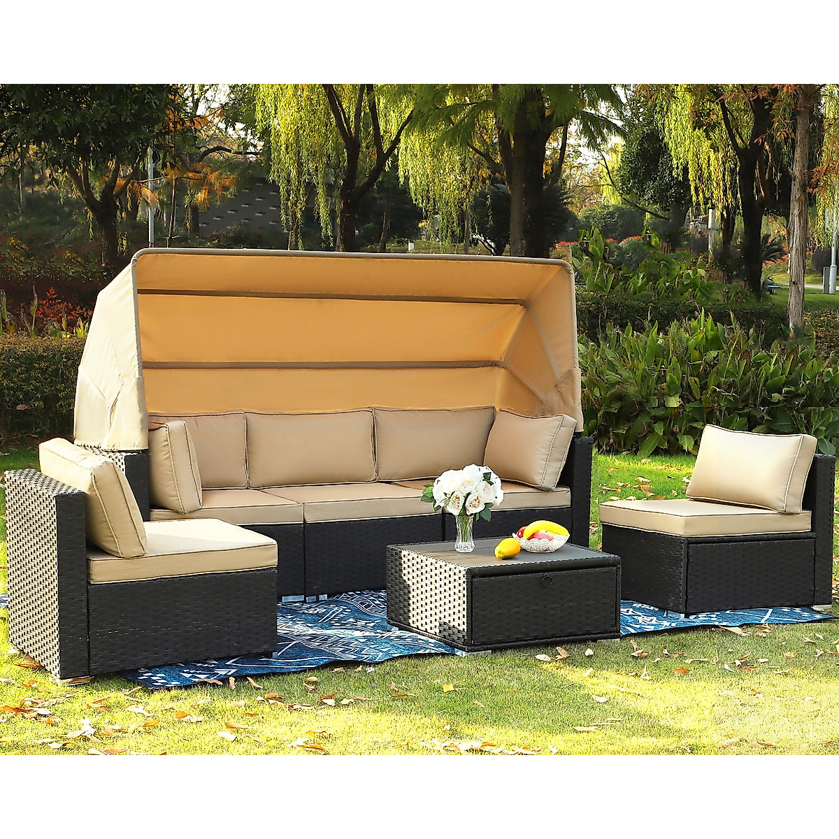 TITIMO 6 Pieces Patio Furniture Set Outdoor Conversation Set Daybed with Retractable Canopy Patio Sectional Rattan Sofa Set W/Adjustable Backrest and Table for Poolside (Brown)