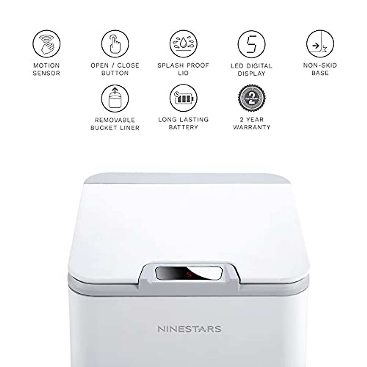 Ninestars DZT-10-35 2.6 Gal / 10L, White Plastic, Square Shape, Motion Sensor Trash Can