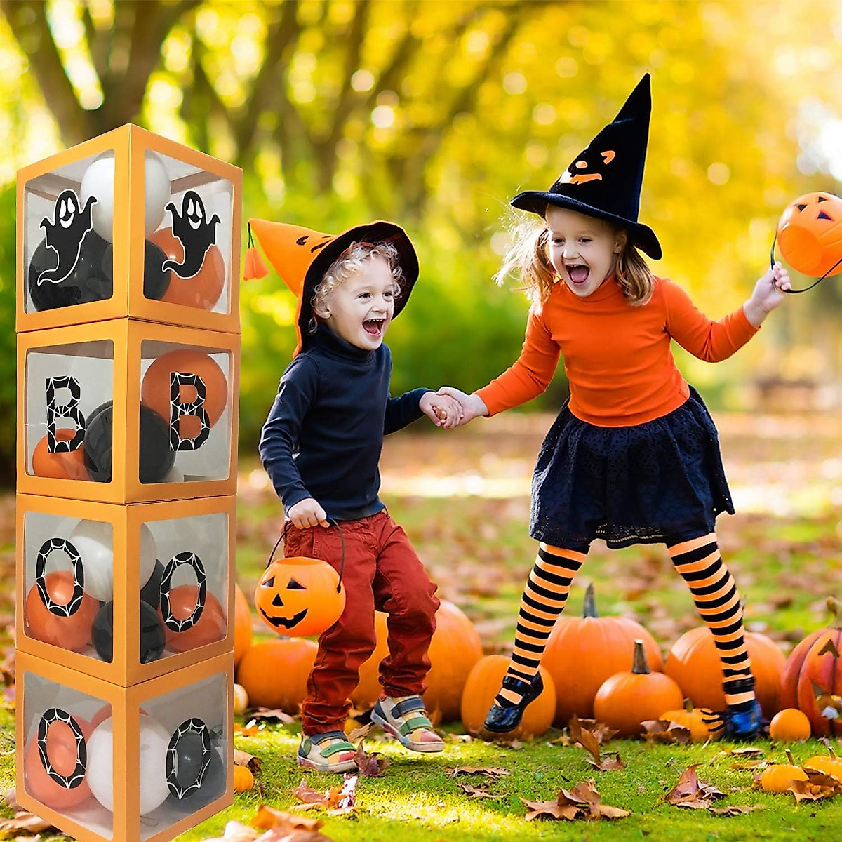 Halloween Balloon Boxes Decorations - Orange Transparent Box for Halloween Baby Shower, Birthday Party Decorations - Includes 4 Box Blocks, Black Ghost Boo Letter Stickers, 20 Latex Balloons