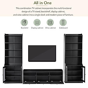 P PURLOVE Entertainment Wall Unit with Tall Cabinets, Modern TV Console Table for TVs Up to 65" with Acrylic Board Door, Multifunctional TV Stand Set for Living Room (Black)
