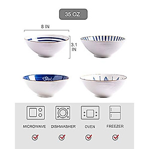 Porcelain Bowls Set of 4, Ceramic Salad Bowl, Large Serving Bowl for Desserts, Ramen, Pho, Noodles, 35 Ounce,8-inch Pho, Noodles, Asian dishes, Set of 4