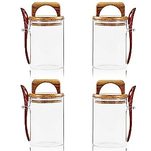 Sweejar Glass Jars with Bamboo Lids and Spoons, Overnight Oats Containers with Lids, Coffee Tea Sugar Yogurt Container Set, 17 ounces, Set of 4(Handle Lid)