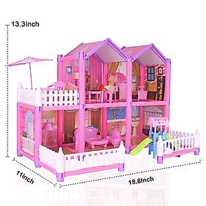 Dollhouse Toy House with Accessories and Furniture, Kids Dollhouses for Girls DIY Doll House Kits with 126 Little Pieces,Dreamhouse Gift for 3 4 5 6 Years Old Toddler Girls (5 Rooms and 1 Balcony)