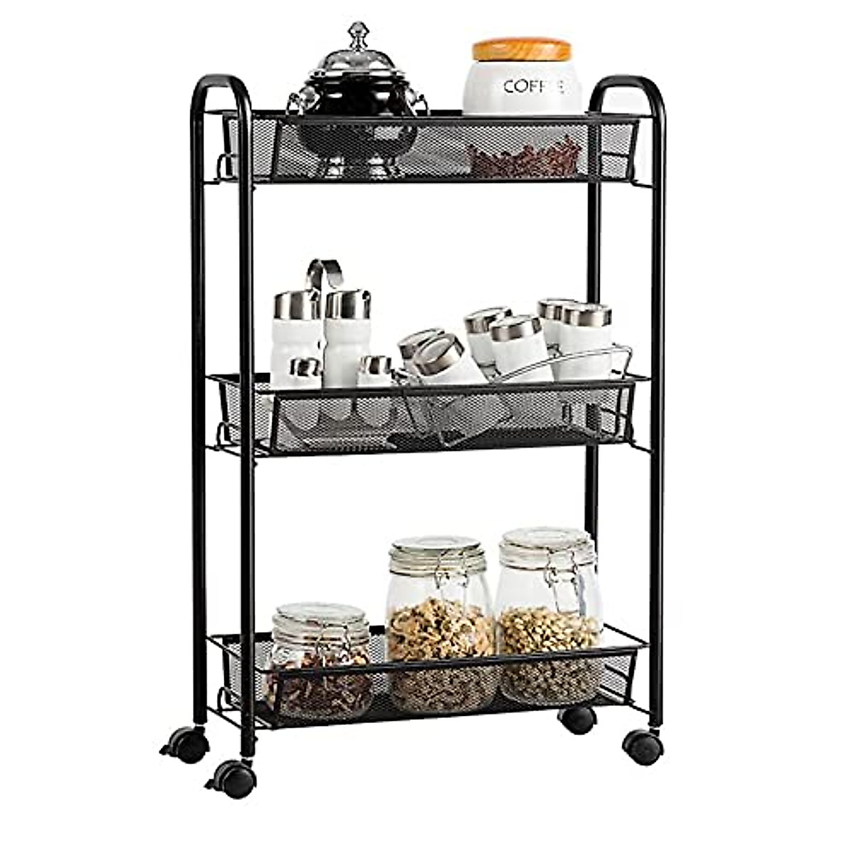 ATAAY Storage Trolley Rolling Metal Trolley Storage Trolley Kitchen Trolley Trolley Vegetable Rack Kitchen/Black