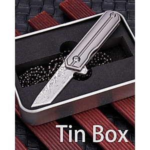 Samior HY004 Mini Titanium Handle Pocket Knife, 1.4 inches Damascus Blade, Keychain Utility Neck EDC Knives for Box Opening (Tanto Point)