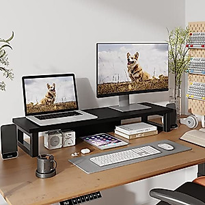 WESTREE Dual Monitor Stand Riser, Wood and Steel Monitor Stand Riser, Computer Monitor Stand for 2 Monitors, Multi-Purpose Desktop Storage Stand for Computer,Laptop,Printer,TV