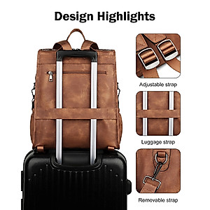 FADEON Leather Laptop Backpack for Women, Designer Ladies Work Travel Computer Backpack with Laptop Compartment Purse Brown
