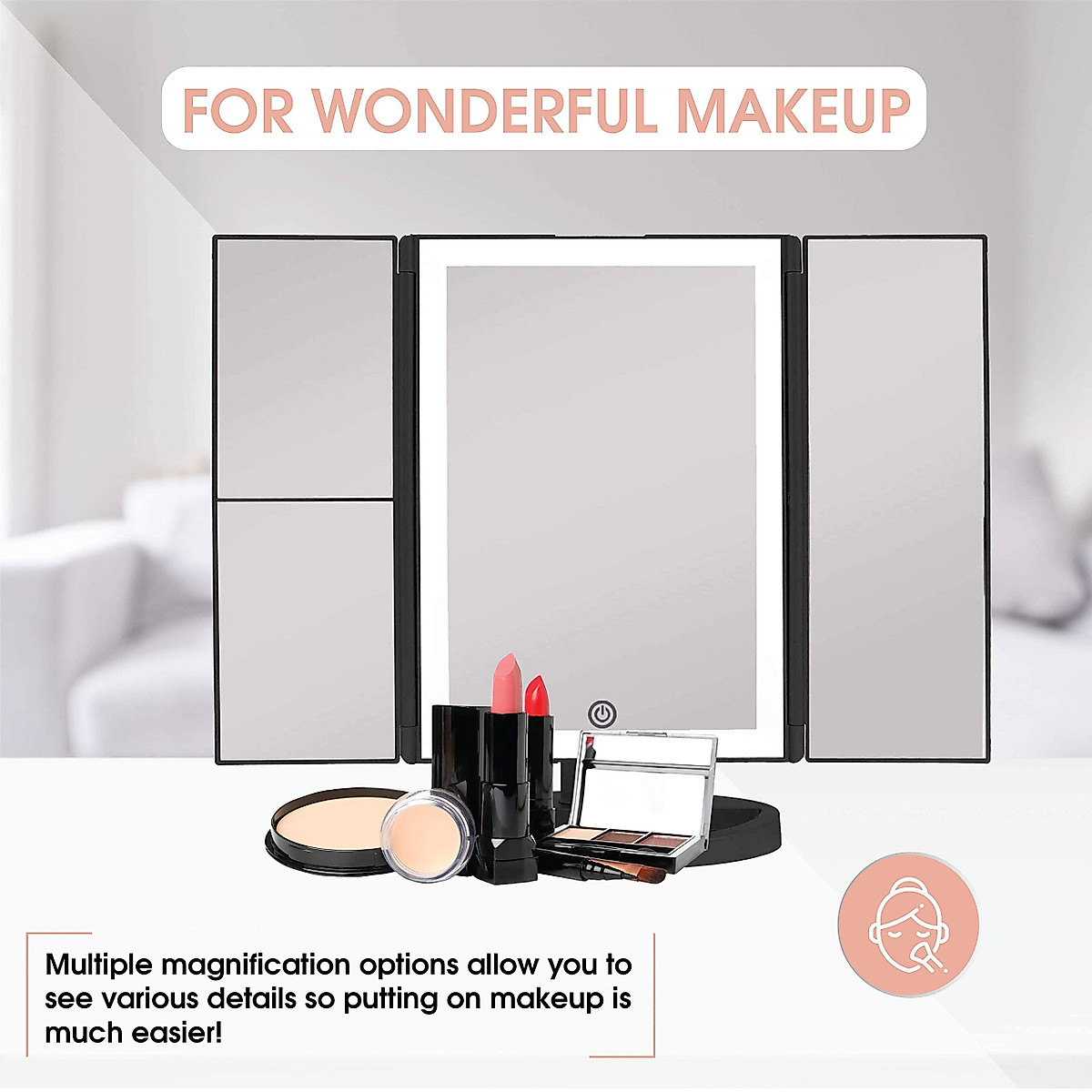 Beautyworks Backlit Makeup Vanity Mirror 36 LED Lights Touch-Screen Light Control, Tri-Fold 1/2/3X Magnification, Portable High-Definition Cosmetic Magnifying Personal Makeup Mirrors (Midnight Black)