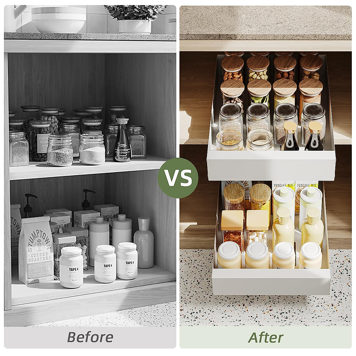 NETEL 2 Packs Pull Out Cabinet Organizer Fixed With Adhesive Nano Film, Heavy Duty Slide Out Pantry Drawers for Kitchen Cabinets, Living Room, Bathroom, 16.5" (L) x 9.8"(W) x 2.36"(H), White