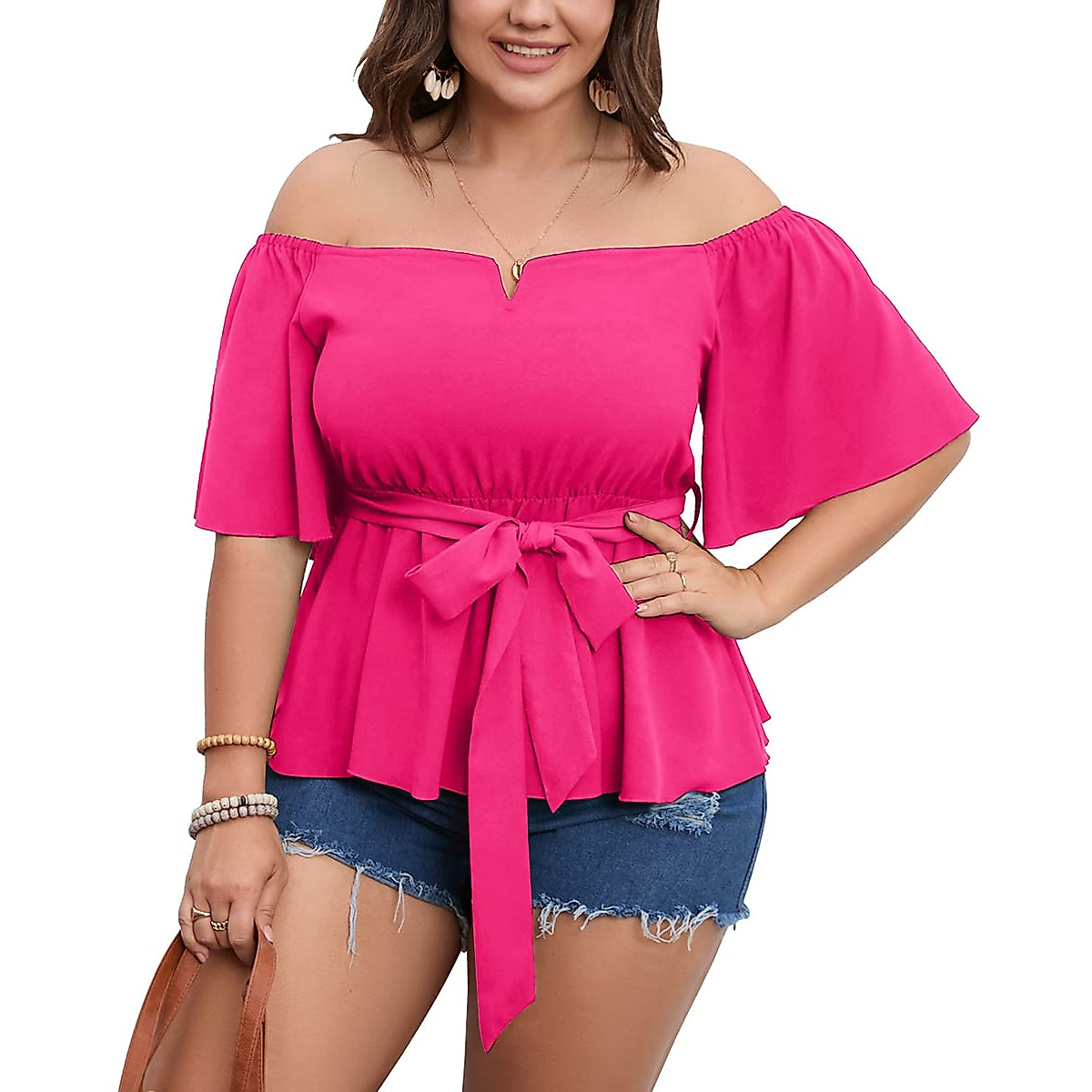 SCOMCHIC Women's Plus Size Off The Shoulder Peplum Blouse Top Half Bell Sleeve Tie Waist Ruffle Hem Babydoll Tops Rose Red