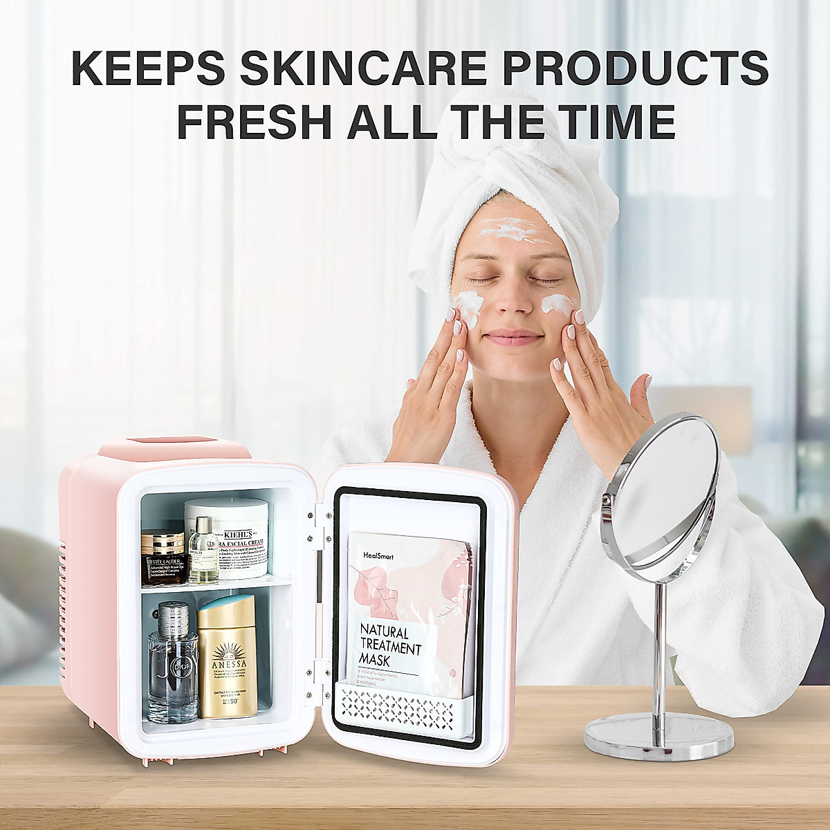 Simple Deluxe Portable Mini Fridge, 4L/6 Can Cooler and Warmer Compact Refrigerator for Skincare, Cosmetics, Beverage, Food, 110V AC/12V DC, for Bedroom, Office, Car, Dorm, Freon-Free, Pink