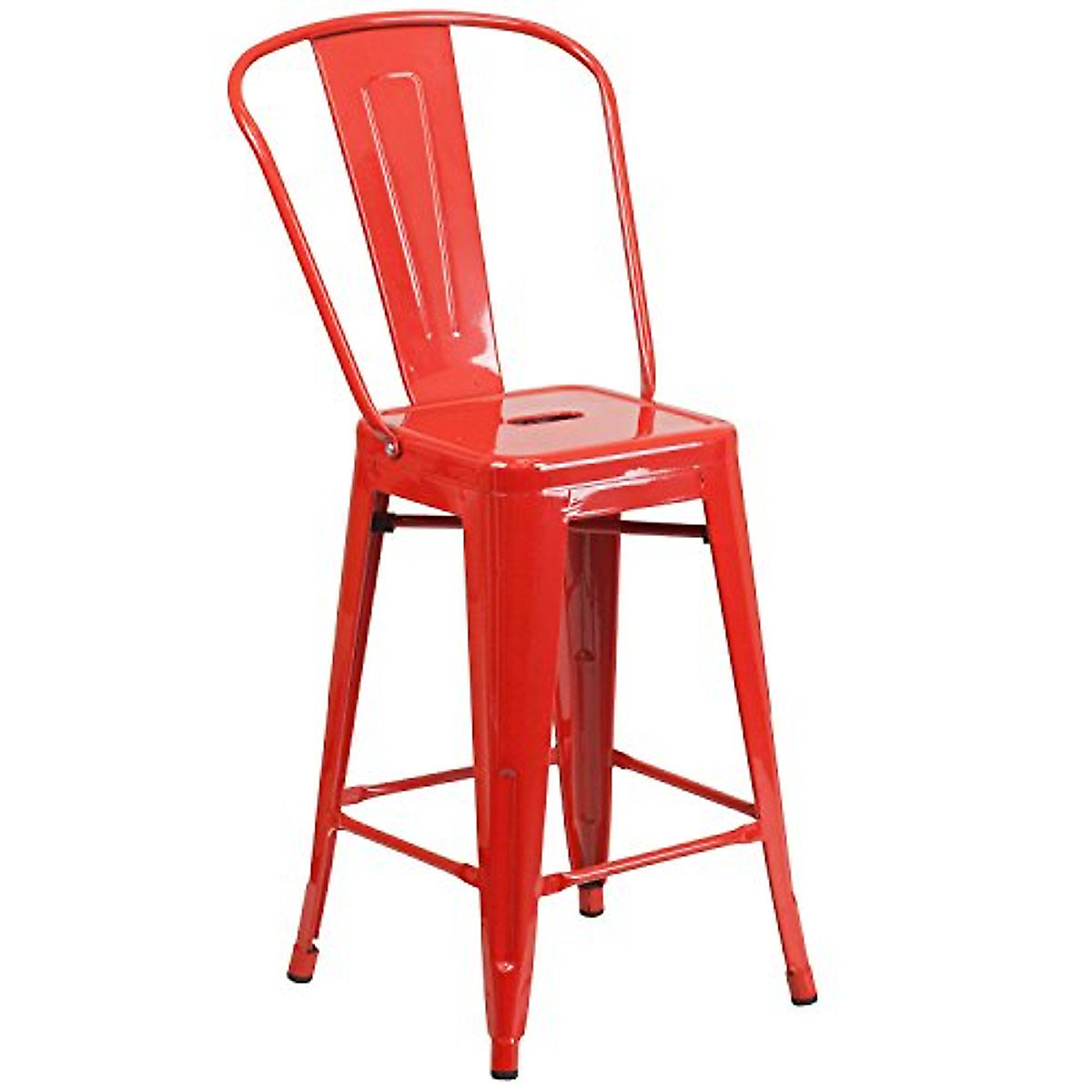EMMA + OLIVER Commercial Grade 24" H Red Metal Indoor-Outdoor Counter Height Stool w/ Back