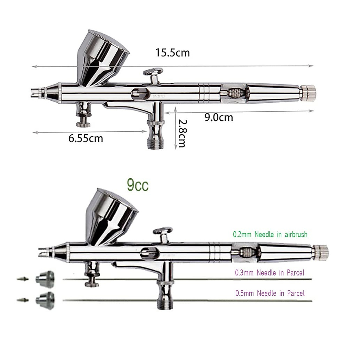 Pinkiou Double Action Airbrush Kit Air Brush Spray Gun with 0.3mm/0.2mm/0.5mm Needles and Air Hose for Temporary Tattoo Nail Art Car Hobby