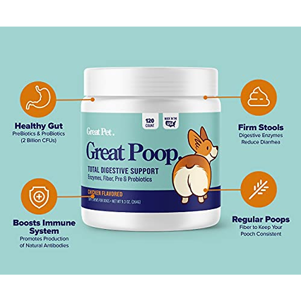 Great Poop Probiotics for Dogs - A Fiber for Dogs Supplement with Dog Probiotics and Digestive Enzymes for a Healthy Gut, Firm Stool & Diarrhea Relief - Chicken Flavored Pet Soft Chews with Prebiotics