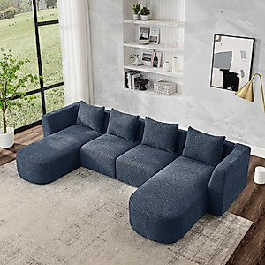 DEINPPA U Shape Modular Sectional Sofa, Minimalist Style Modular Couch, 4 Seat Cushion Couch with 4 Pillows for Living Room/Apartment, Bouclé Fabric, Navy Blue
