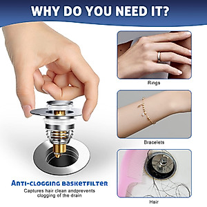 AURUZA 2 Pack Universal Bathroom Sink Stopper, Sink Strainer for 1.1-1.5 Inch Bullet Core Push Type Basin Pop Up Drain Filter,Bathtub Converter with Anti Clogging Filter Basket Hair Catcher