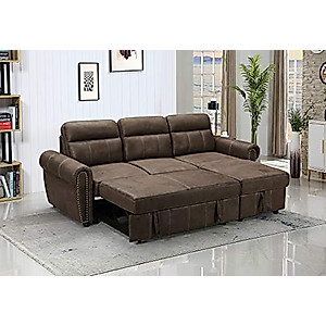 Lilola Home Ashton 96" W Saddle Brown Microfiber Reversible Sleeper Sectional Sofa Chaise