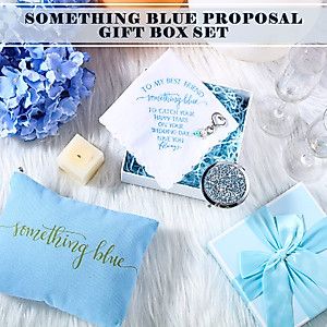 Set of 5 Something Blue Wedding Gift for Bride to My Best Friend Wedding Embroidered Handkerchief Angel Bouquet Charm Something Blue Bridal Cosmetic Bag Diamond Compact Mirror Blue Raffia Gift Box