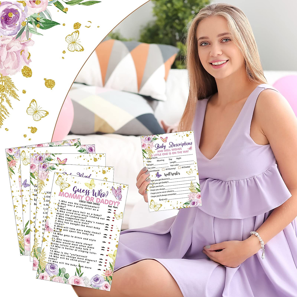 Sinmoe 145 Pieces Baby Shower Games 5 Games Set Baby Shower Games Activities with 20 Pencils Funny Baby Shower Games Include Baby Descriptions and Wishes, Guess Who, Bingo Game(Butterfly)