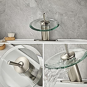 RODDEX Waterfall Bathroom Sink Faucet Solid Brass Glass One Handle Single Hole Basin Vanity Bathroom Faucet, Short,Brushed Nickel