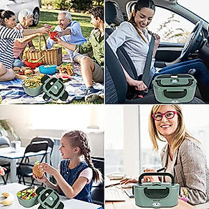 HANFFCAT Electric Lunch Box, Portable Box Food Heater Leak-Proof Sealing Ring Waterproof And For Car、Truck Work 12v 110v 55w ,Stainless Steel Container Spoon Fork、Handbag, Green (DRFH-02)