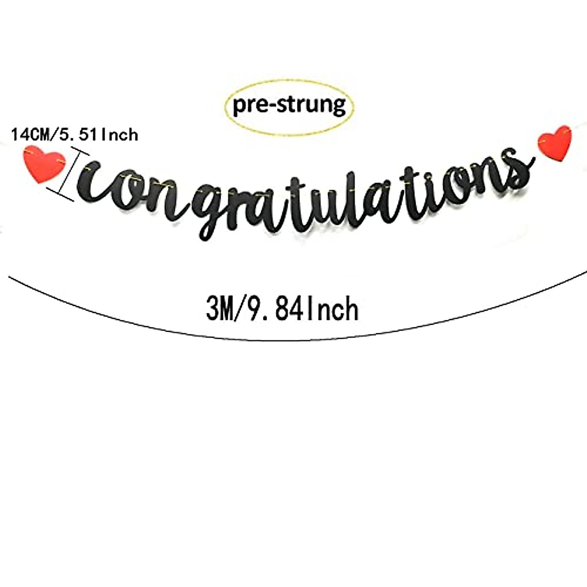 Congratulations Banner Black Letters & Red Symbol Hanging Paper Sign Decorations for Graduation, Achievement Party Celebrations, Wedding, Retirement, Bridal Shower, Shower Pre-Strung