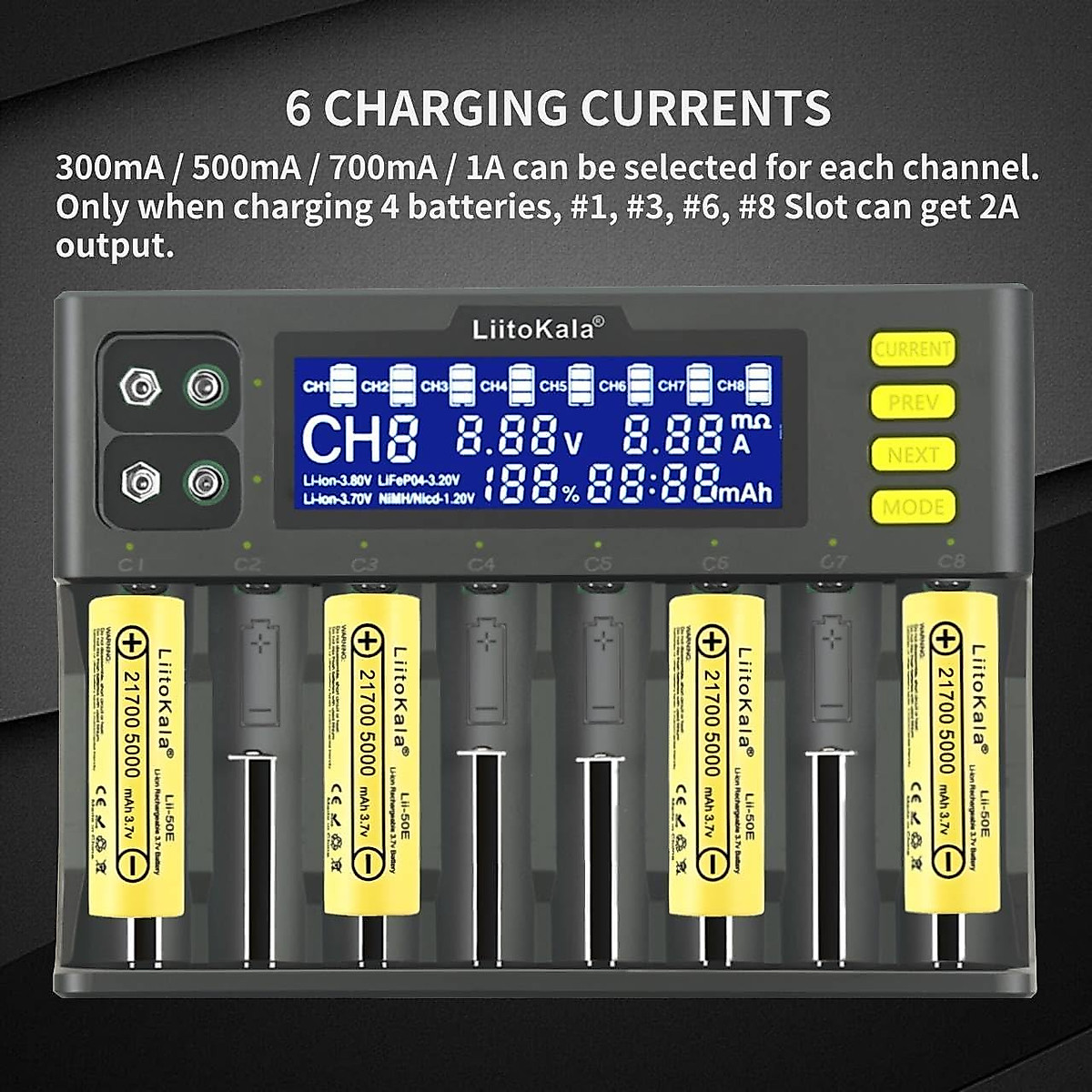 LiitoKala LII-S8 18650 Battery Charger 8+2 Bay Smart Universal Charger LCD Display for Li-ion(IMR/ICR) LiFePO4 Ni-MH/Cd AA AAA C 18650 21700 26650 18350 14500 RCR123 Batteries & 9V Batteries