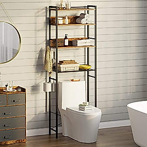 Rolanstar Over The Toilet Storage, 4-Tier Wooden Bathroom Space Saver with Hooks, Freestanding Bathroom Organizer, Multifunctional Over The Toilet Storage Rack, Bathroom Toilet Rack, Rustic Brown
