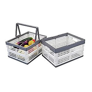 Wekioger 16 Quart Plastic Collapsible Crate with Handle, Folding Shopping Storage Basket, 2 Packs