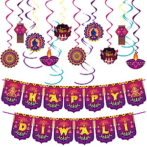 Diwali Decorations, Happy Diwali Banner Decorations for Home, Festival of Lights Party Decor Items, Deepavali Hanging Swirls Garland Indian Decorations for Pooja Puja Wedding Diwali