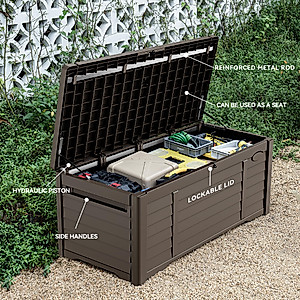 DWVO Large Deck Box 120 Gallon Waterproof Outdoor Storage Box, Extra Large Outdoor Storage Bin, Resin Louvered Patio Storage for Outdoor Pillows, Garden Tools & Pool Supplies, Lockable, Dark Brown