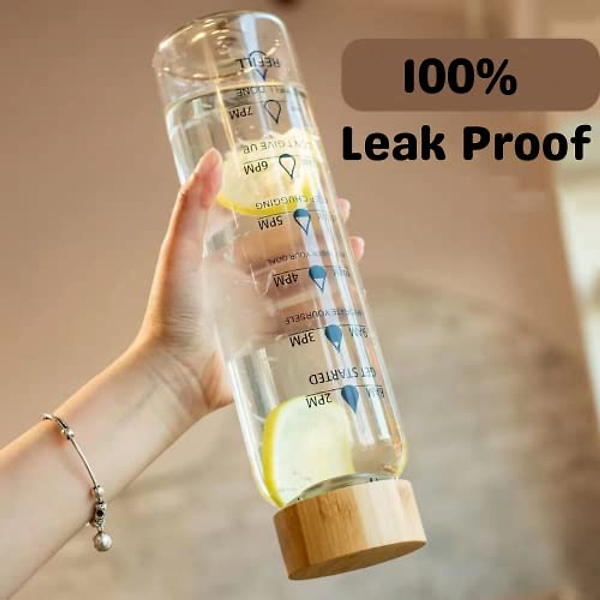 HOLABEAR 32oz Glass Motivational Daily Water Intake Bottle with Time Marker, Leakproof Bamboo Lid and Holder Sleeves, for Hot and Cold Drinks, Clear Reusable BPA Free