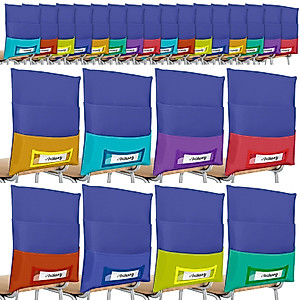 Maitys 24 Pcs Chair Storage Pocket 16 x 19 Inch Large Chair Pocket Classroom Chair Organizer 8 Color Seat Storage with Name Tag Slot for Keeping Book School Table Organized(Navy Blue)