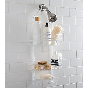 Bath Bliss Head Shower Caddy, 2 Large Baskets, Soap Dish Holder, 6 Accessory Hooks, Moisture & Rust Resistant, White