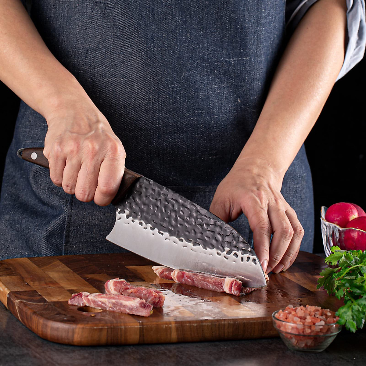 iSMLIKE 7 Inch Chef Knife Handmade Forged Retro Meat Cleaver Professional High Carbon Stainless Steel Kitchen Knives with Full Tang Wenge Wooden Handle Cooking Knife